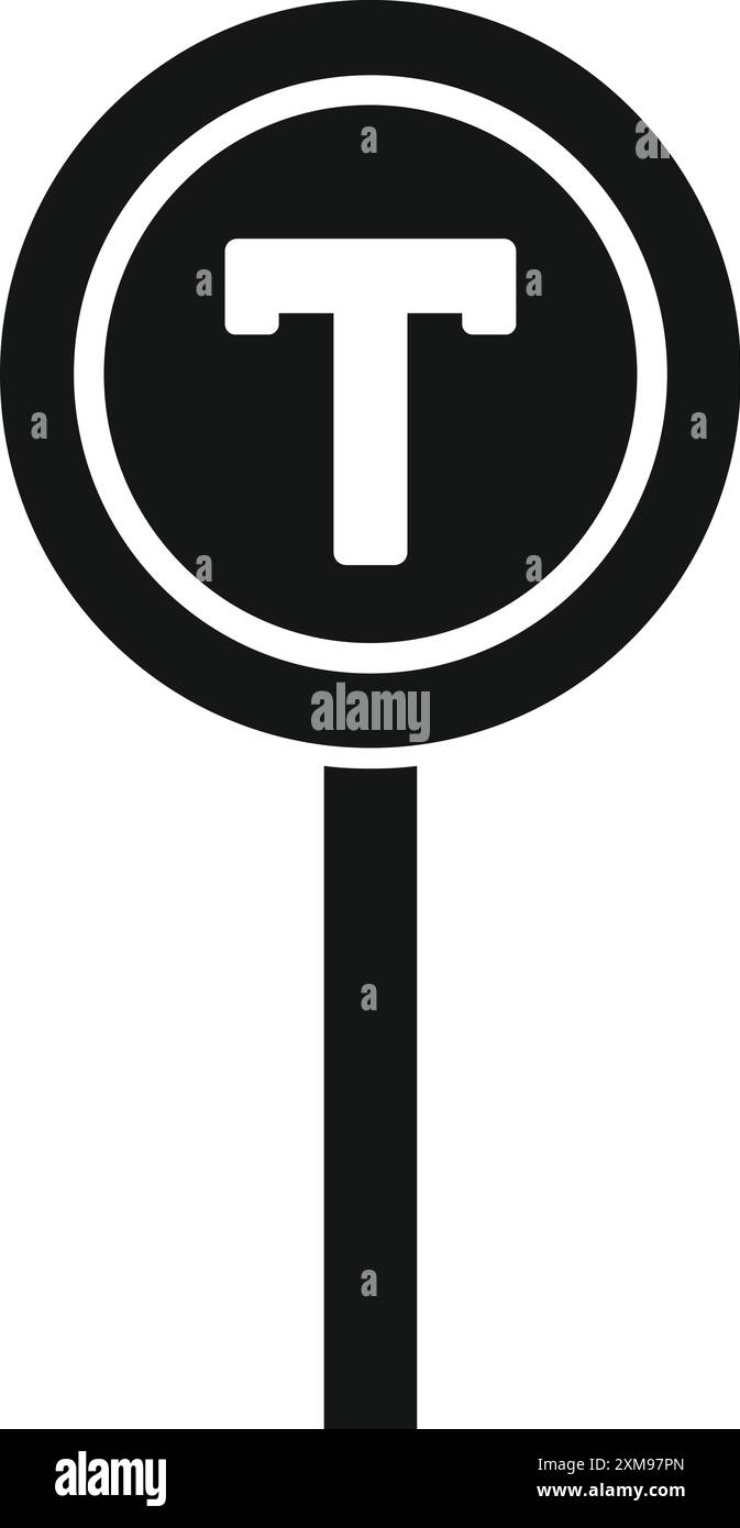 Simple black and white icon of a sign for a tram or trolley stop ...
