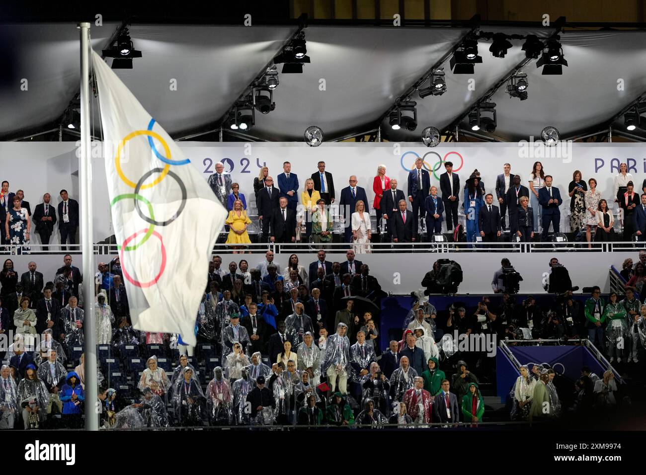 The Olympic flag flies in Paris, France, during the opening ceremony of ...