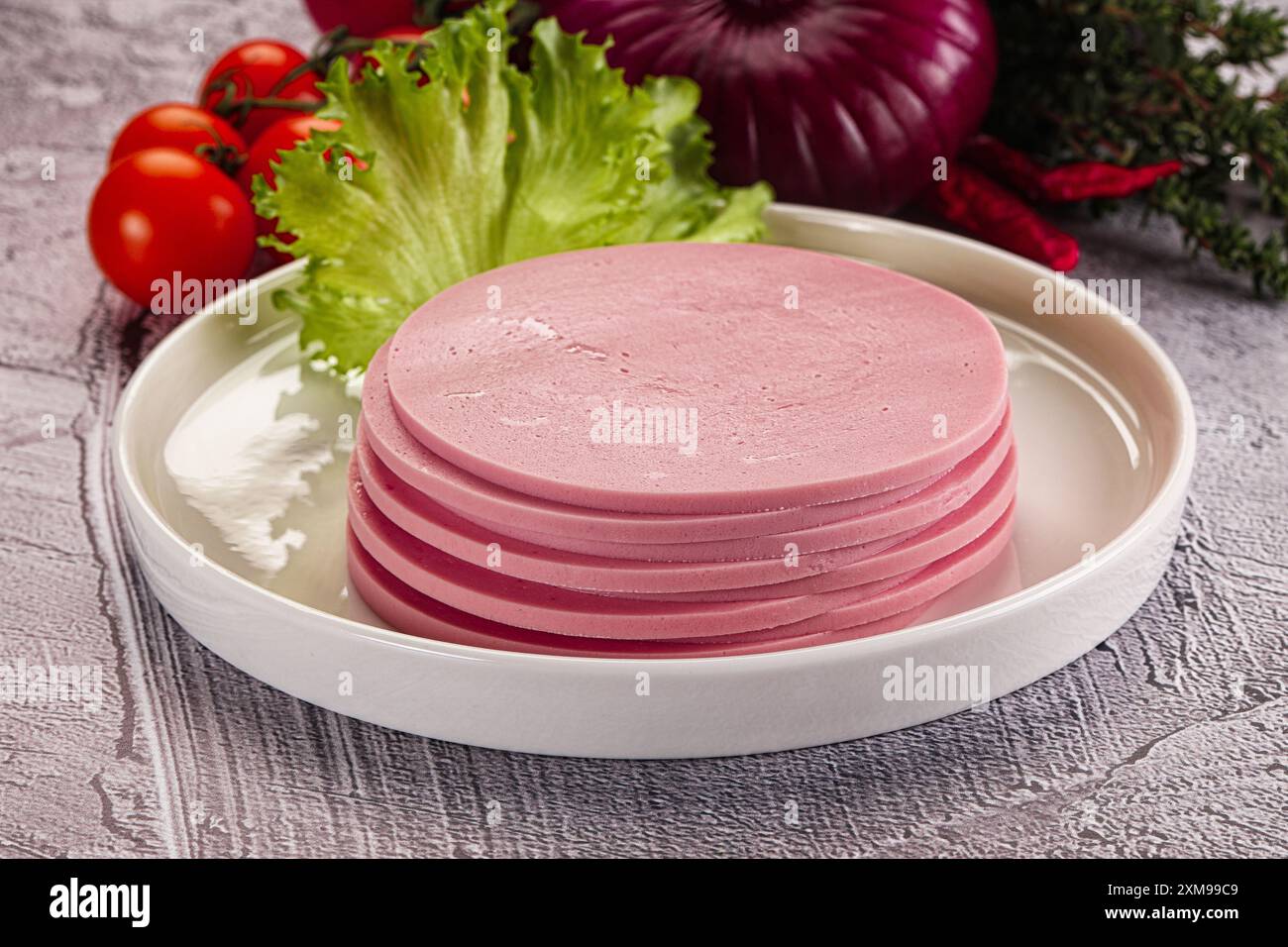 Boiled pork sliced sausage stack for breakfast Stock Photo - Alamy