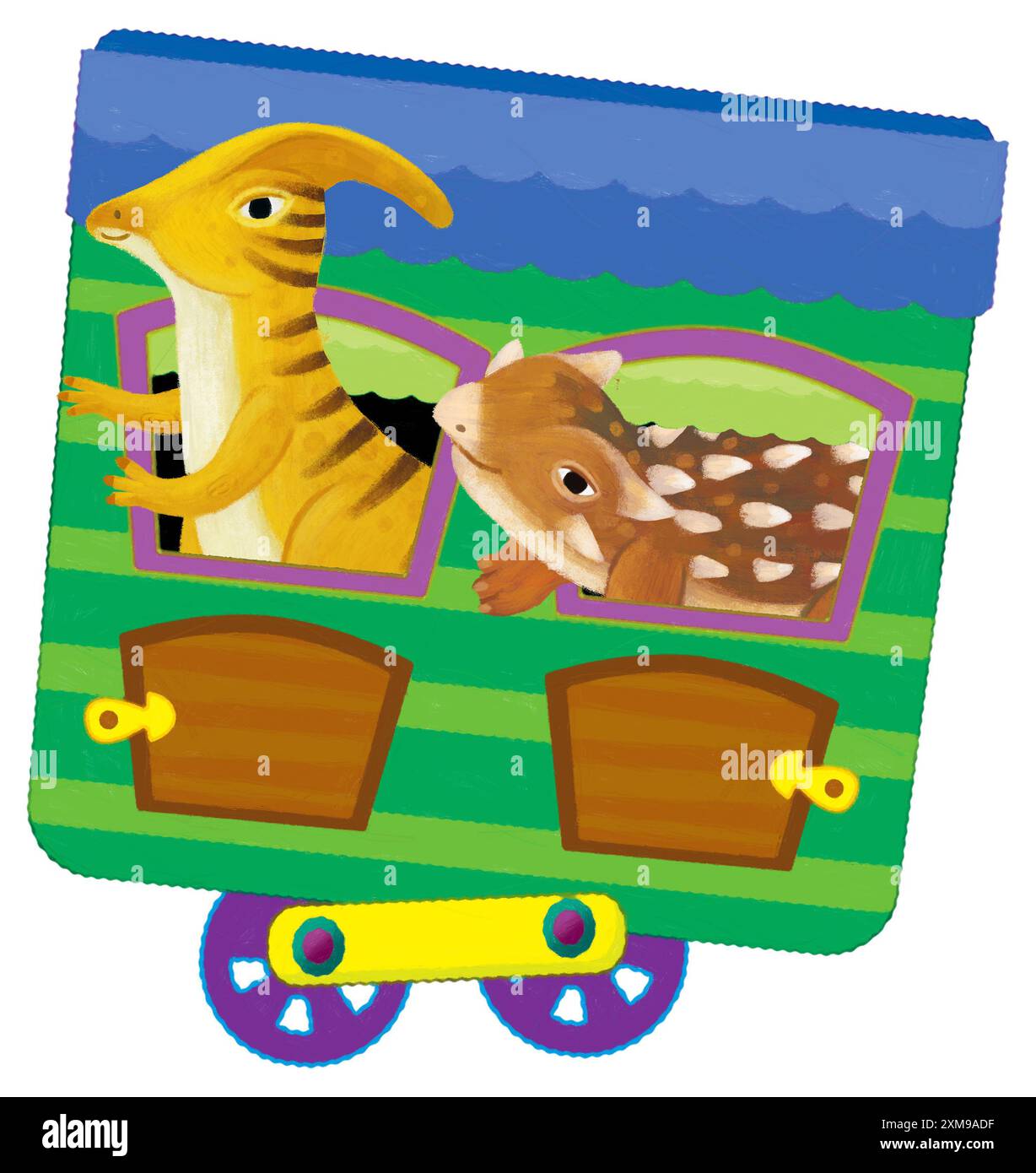 Cartoon funny looking colorful wagon with dino dinosaur animal lizard ...