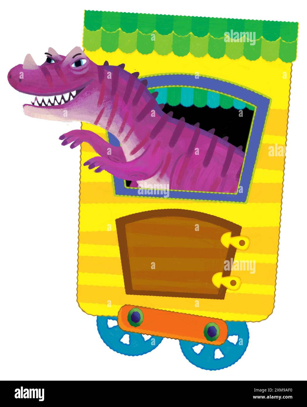 Cartoon funny looking colorful wagon with dino dinosaur animal lizard ...