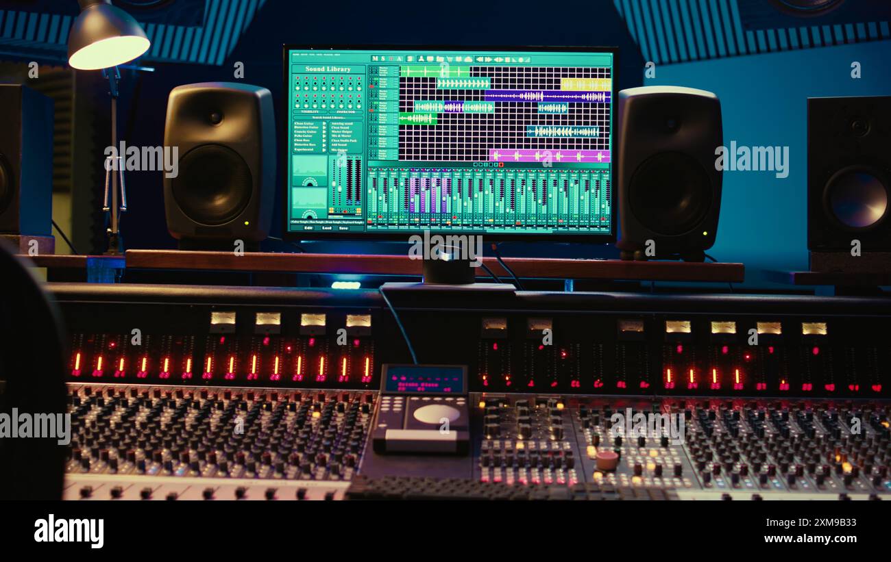 Empty soundproof control room in professional recording studio, stereo ...