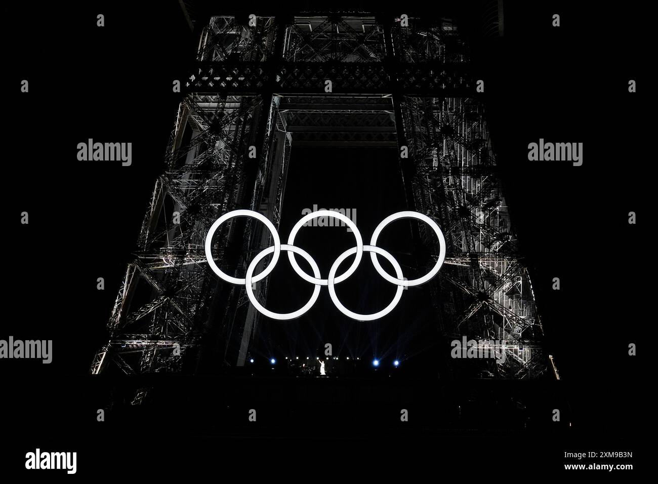 Celine Dion performs on the Eiffel Tower during the opening ceremony of ...