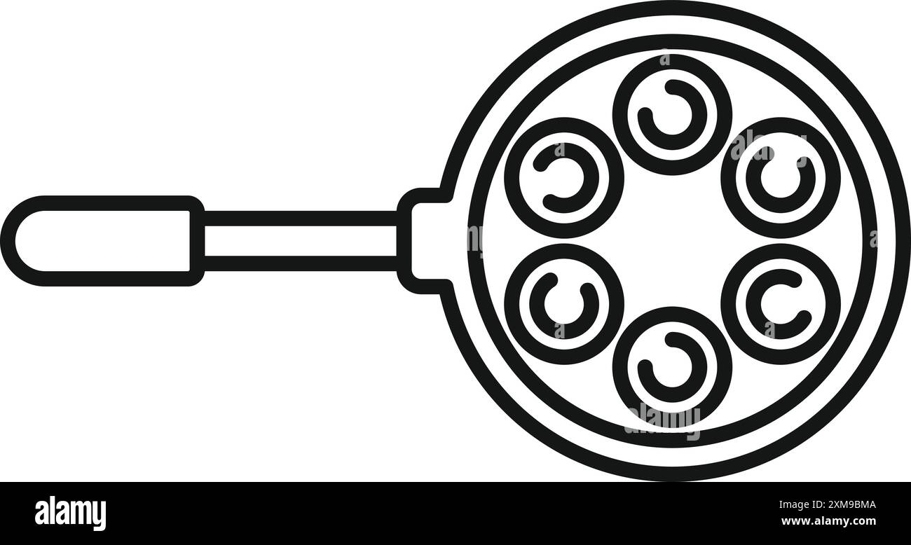Frying pan with seven round pancakes cooking on stove top line drawing ...