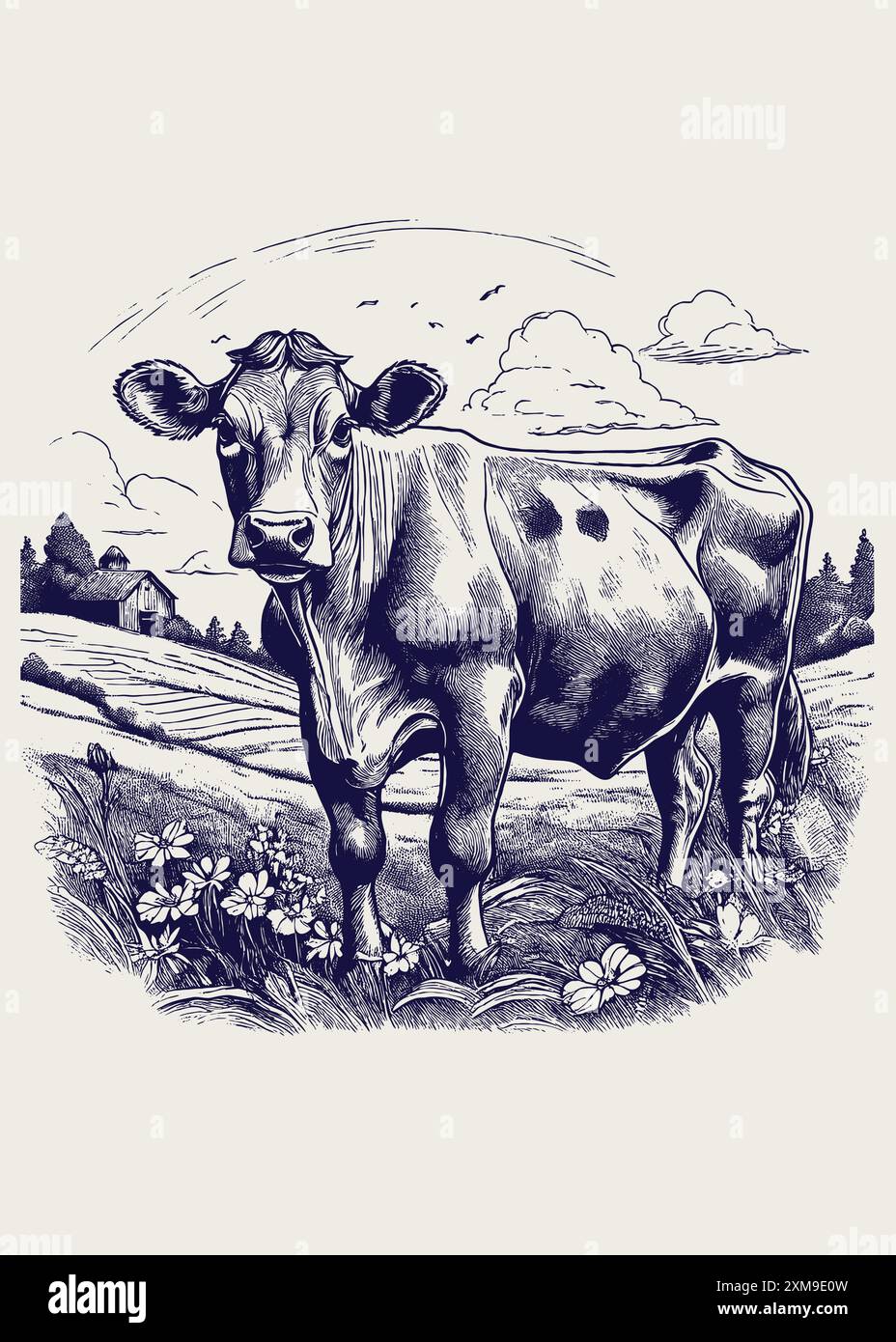 Vintage engraving style vector illustration of a cow on a grassland and ...