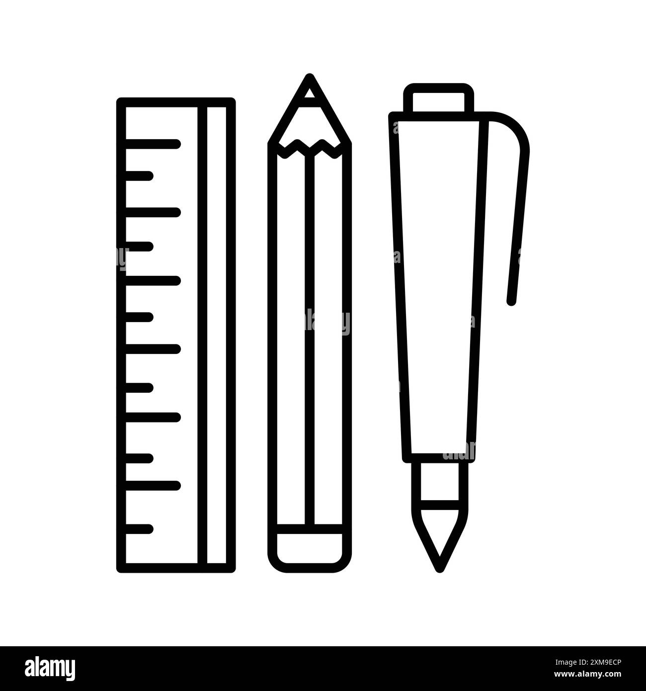 Ruler, pencil and pen icon linear logo mark set collection in black and white for web Stock ...