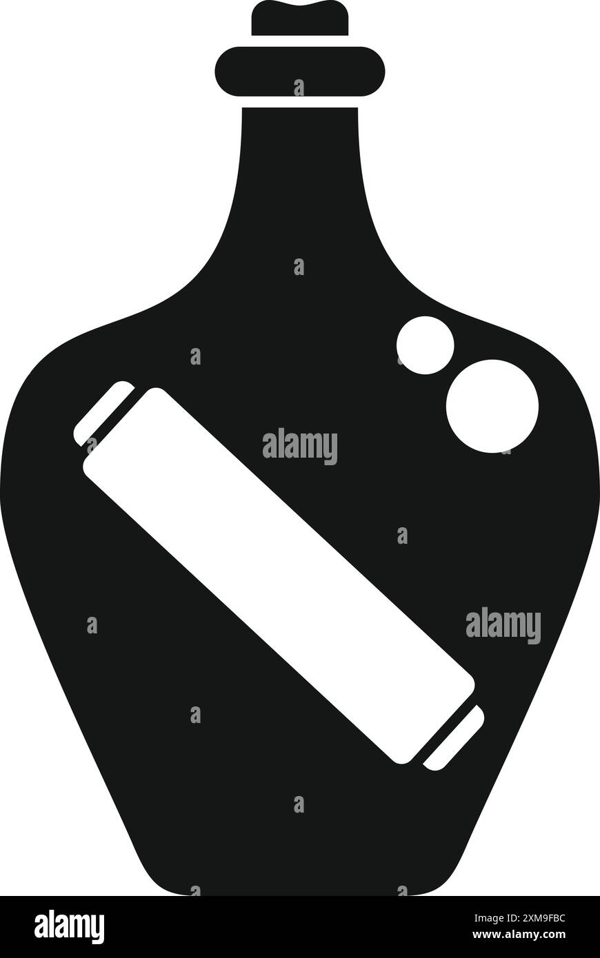 Black silhouette of a bottle with a message inside floating on the sea ...
