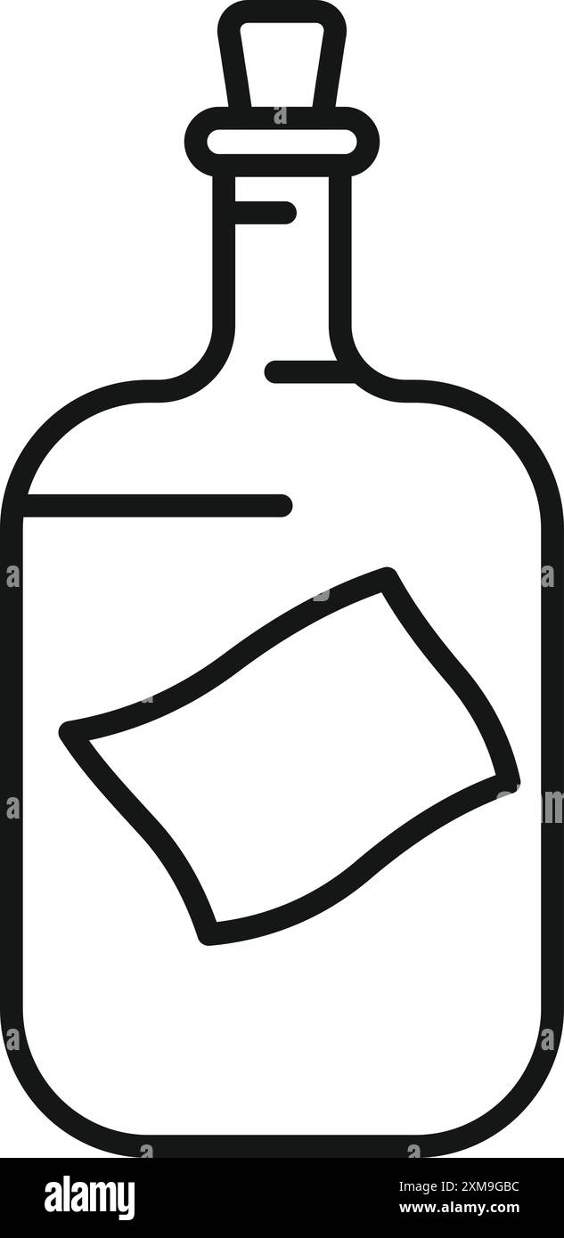 Corked bottle with a message inside floating on the sea, line art icon ...