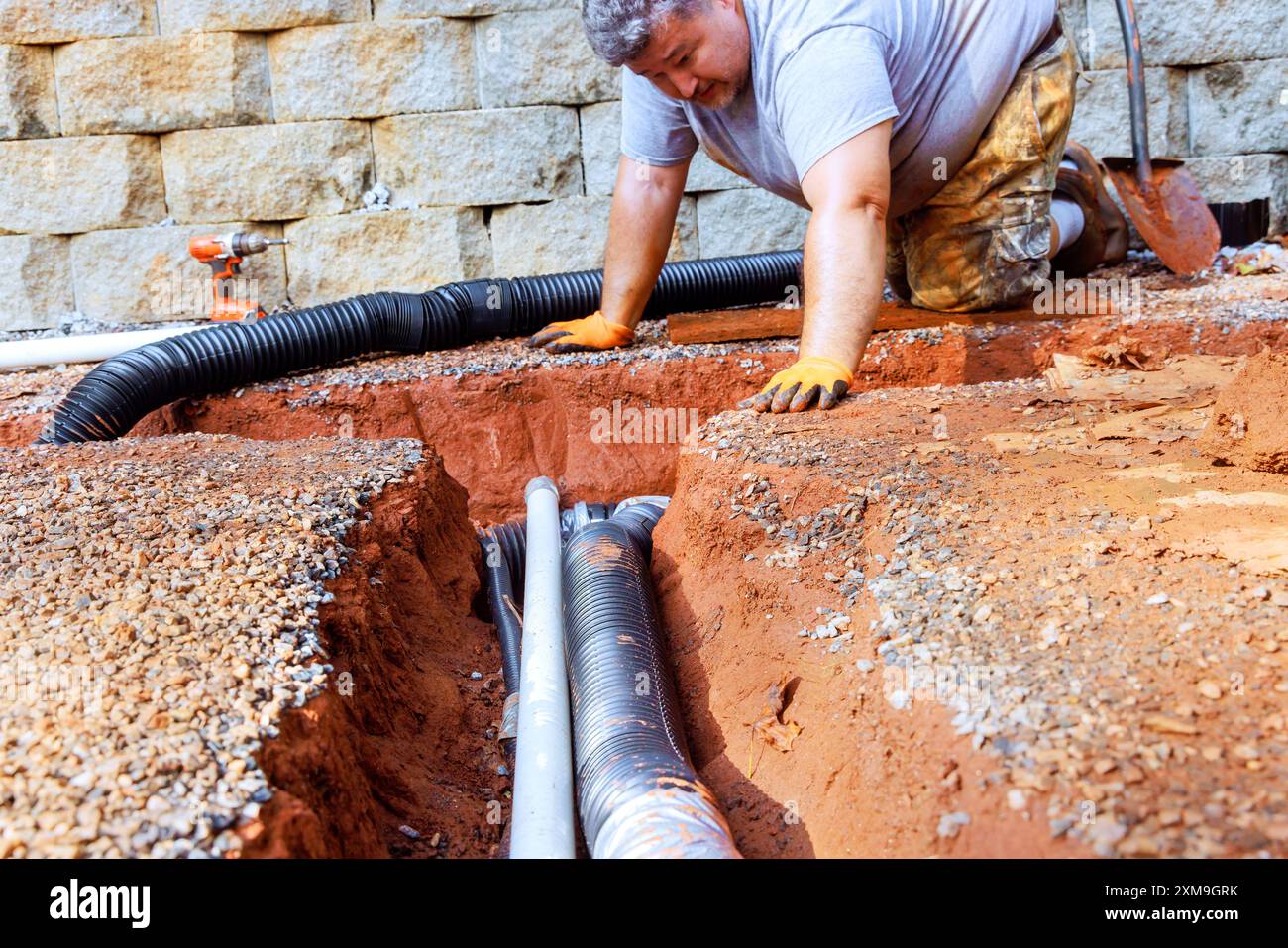 Creating in trench underground for outflow of rainwater stormwater by ...