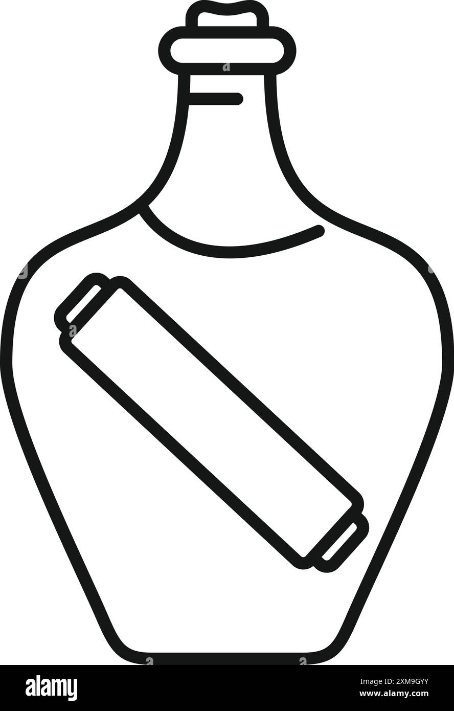Simple line drawing of a glass bottle containing a rolled up paper ...