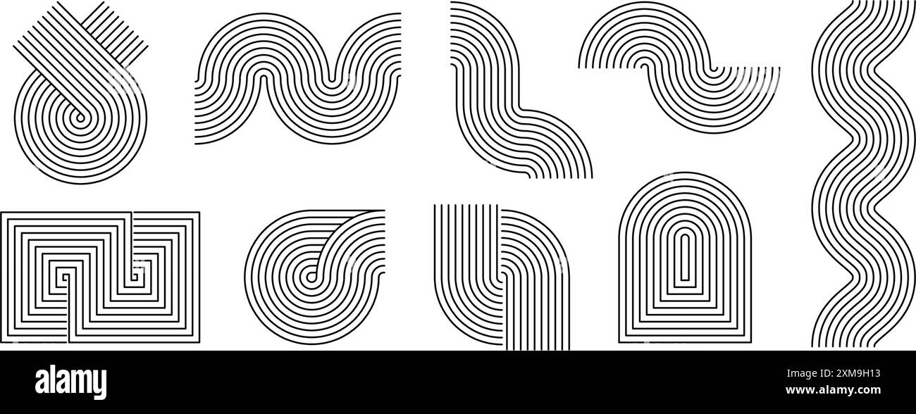Black linear boho style waves and shapes set. Mid century curves and ...