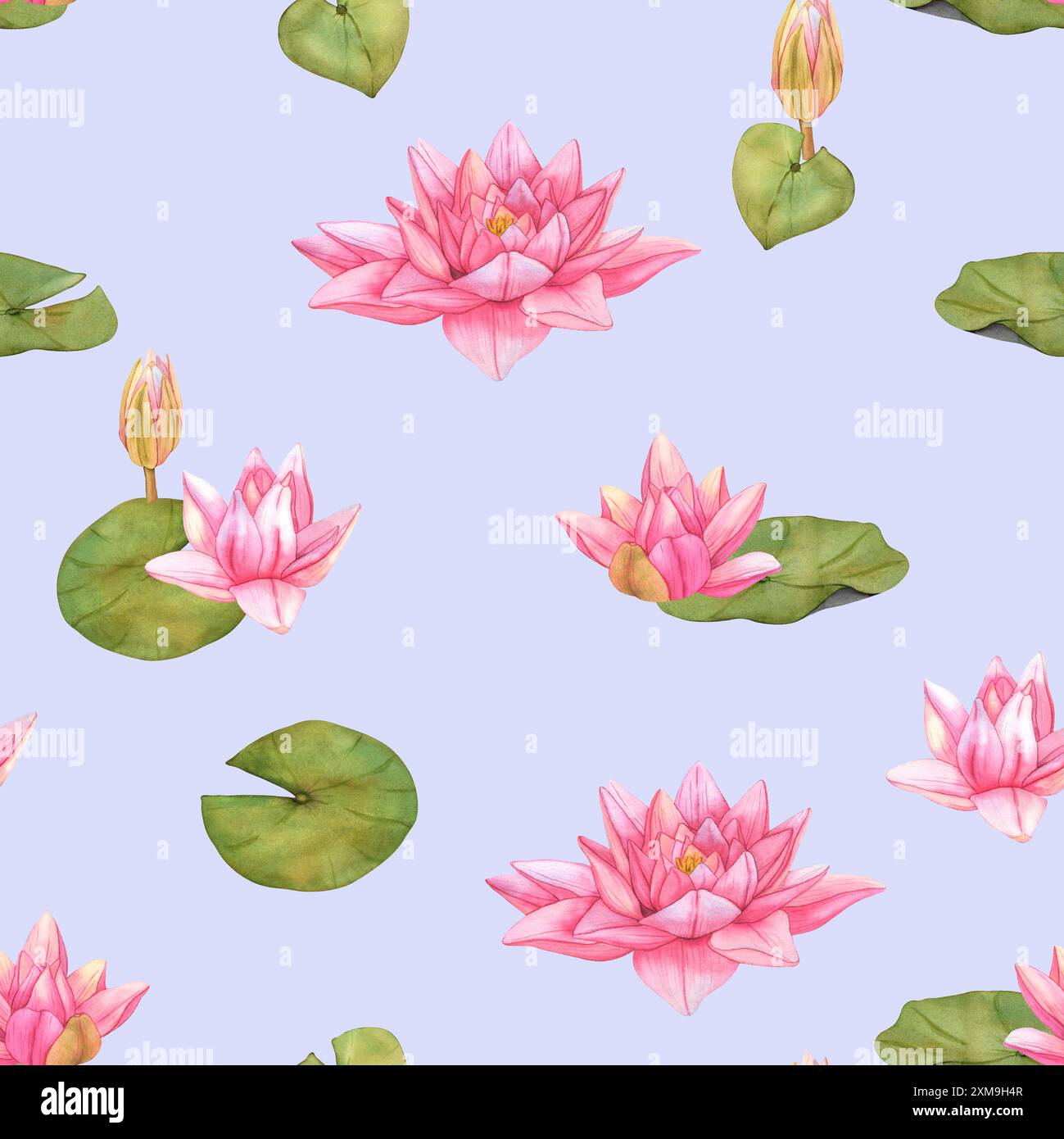 Seamless pattern Lotus Flowers and Buds with Green Leaves on blue ...