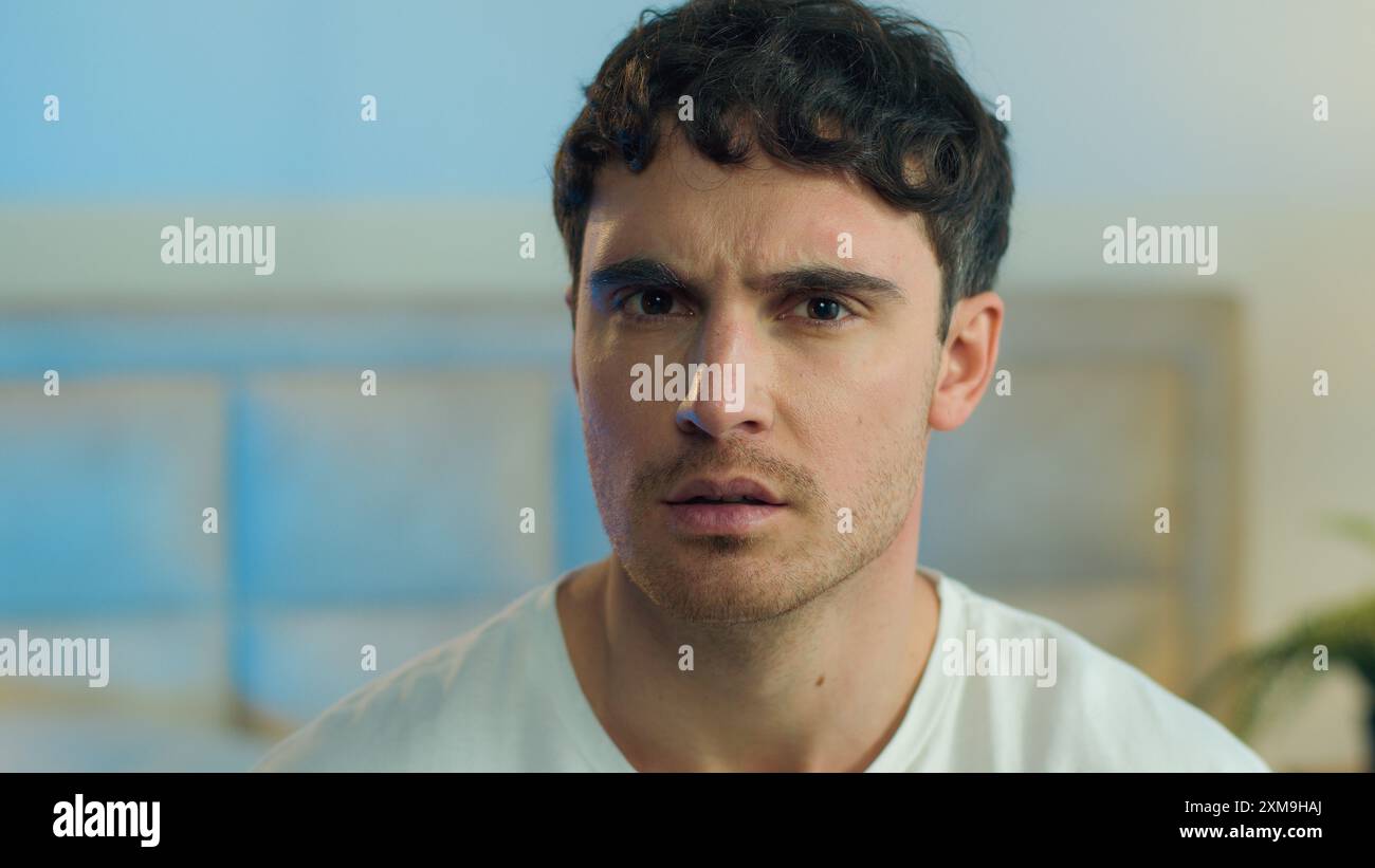 Close up face young Caucasian European man disgust misunderstanding ...