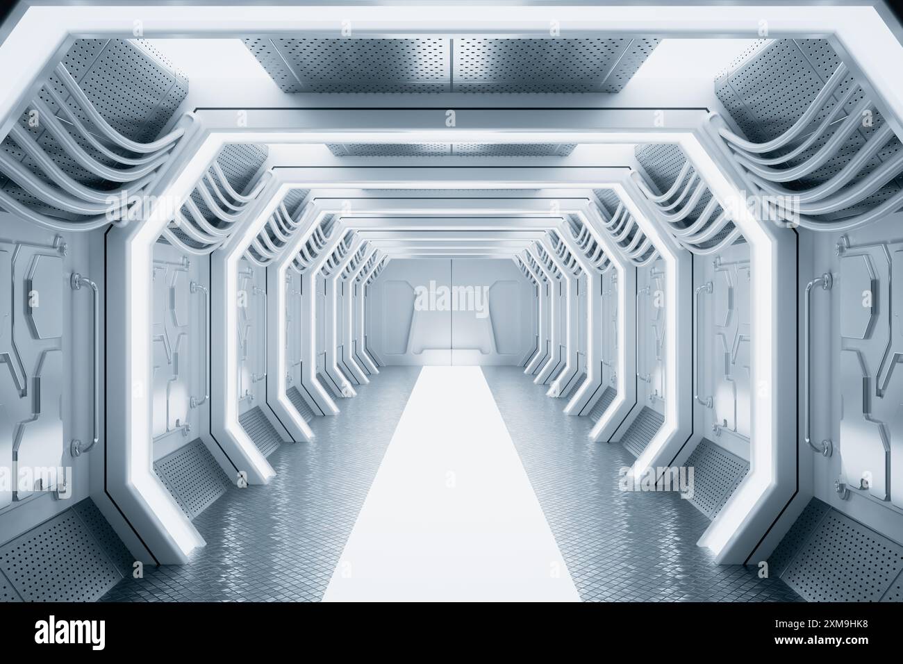 Bright Futuristic Sci-Fi Hallway Corridor of Spaceship Interior extreme ...
