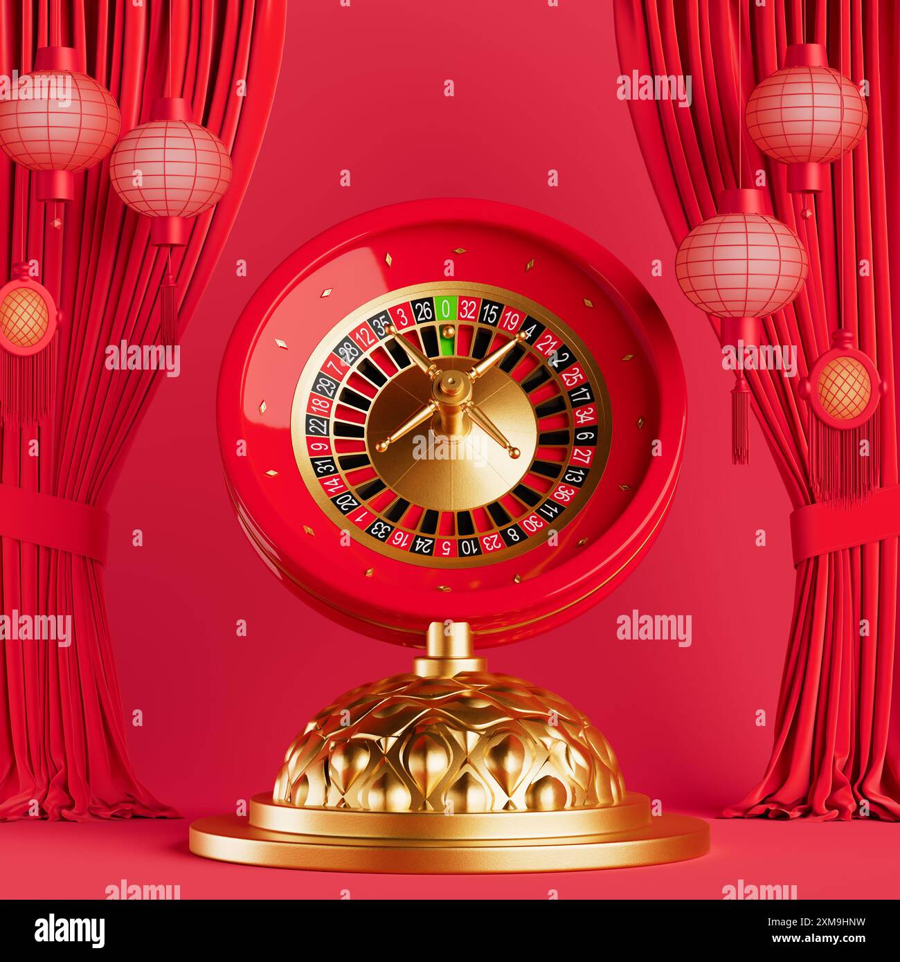 Red Casino Roulette Wheel on a Golden Product Display Podium with Red ...