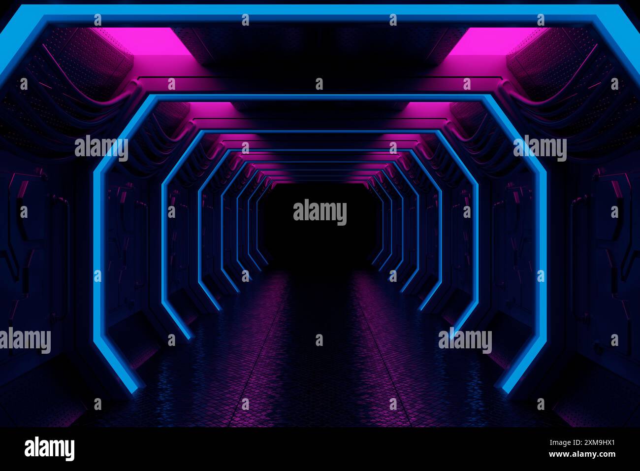 Bright Neon Light Futuristic Sci-Fi Hallway Corridor of Spaceship ...