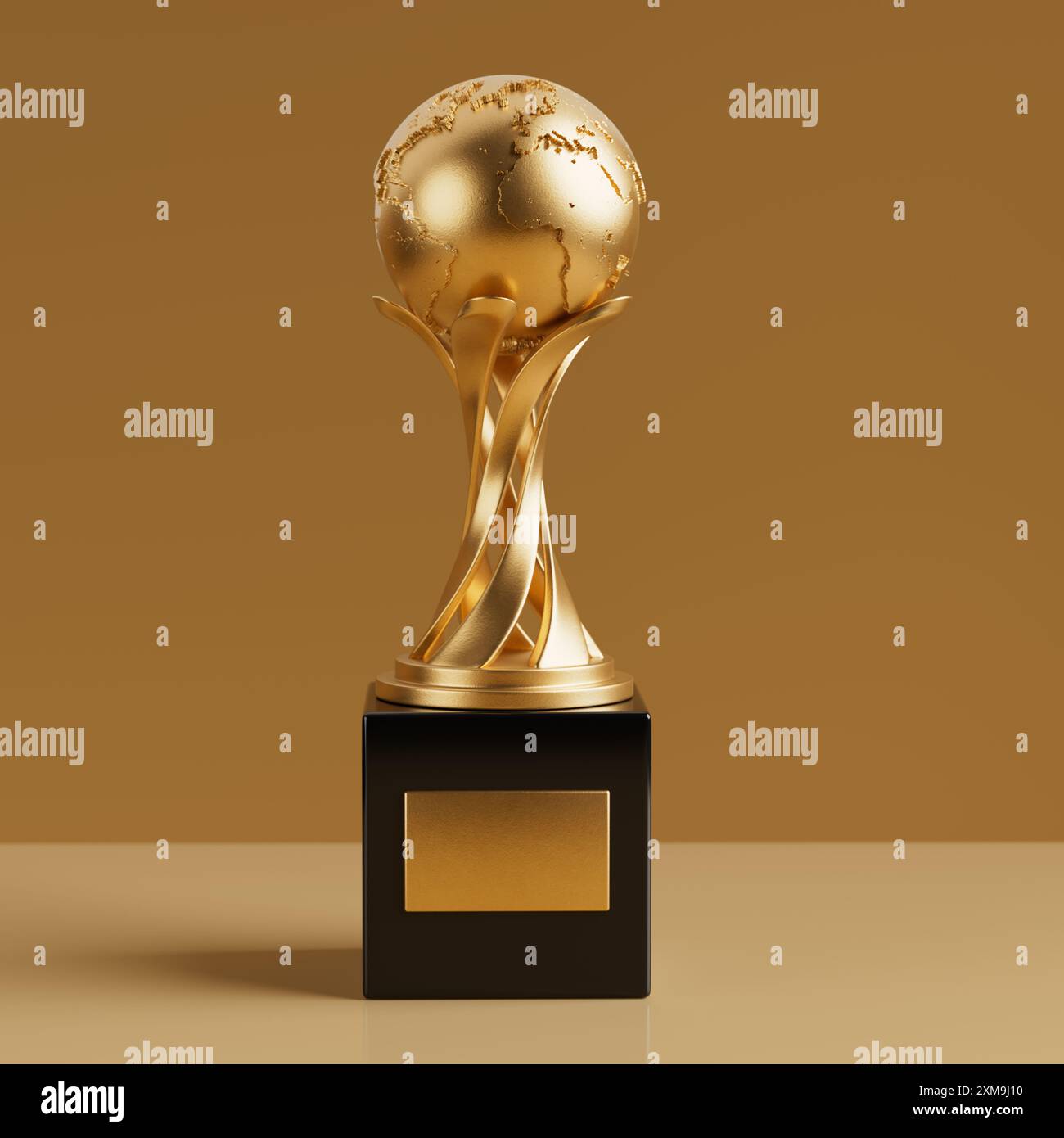Golden Award Trophy with Golden Earth Globe on a yellow background. 3d ...