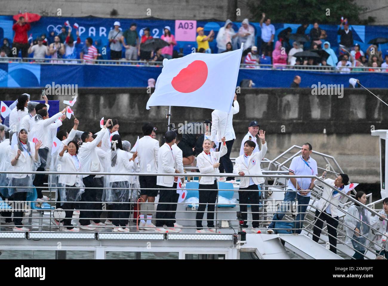 Japan Team (JPN), Opening Ceremony on the Seine River with the Concorde Bridge on background ...