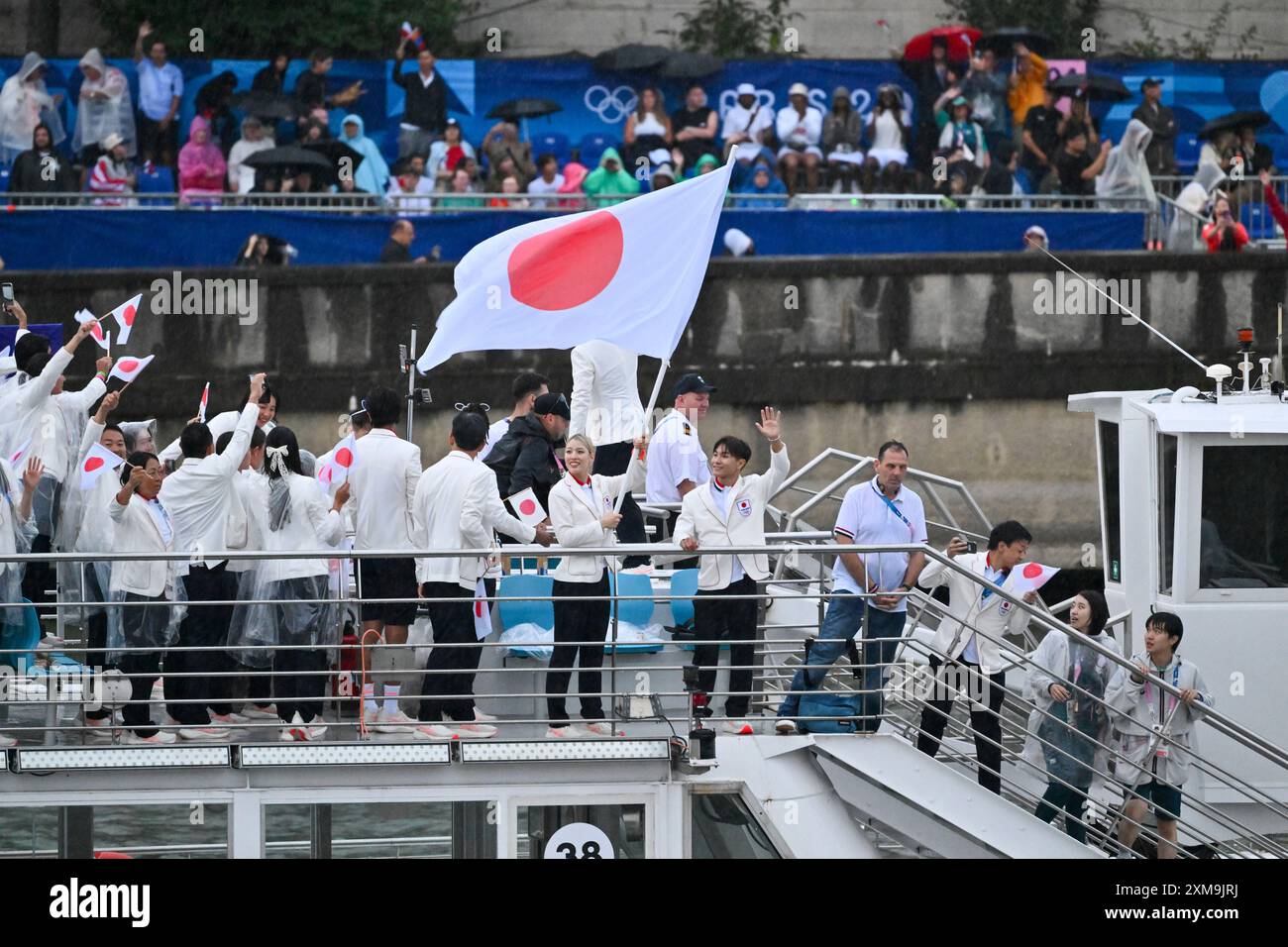 Japan Team (JPN), Opening Ceremony on the Seine River with the Concorde Bridge on background ...