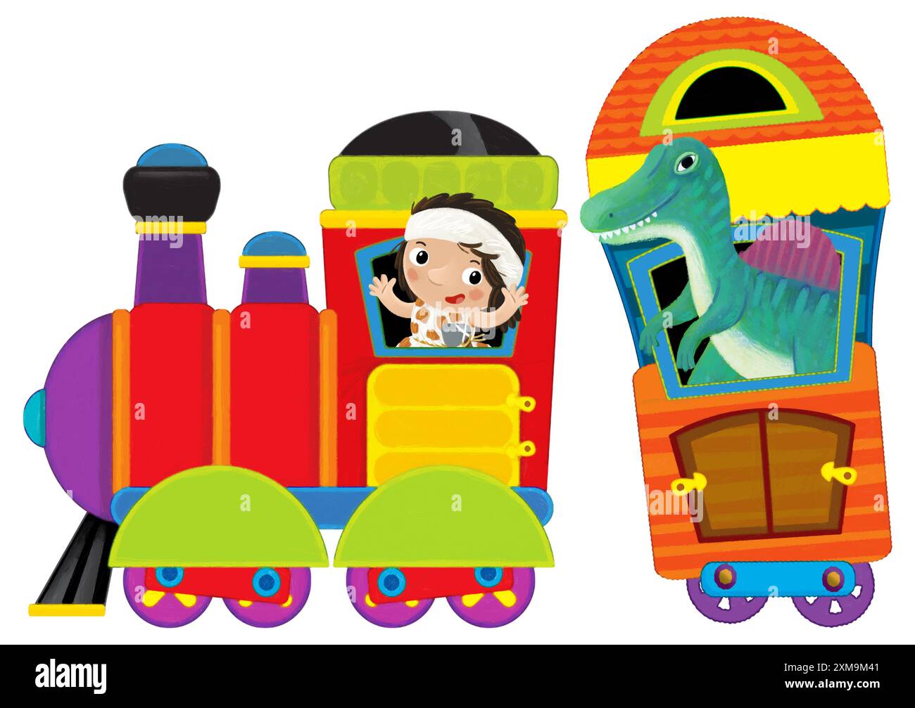 Cartoon funny looking colorful wagon with dino dinosaur animal lizard ...
