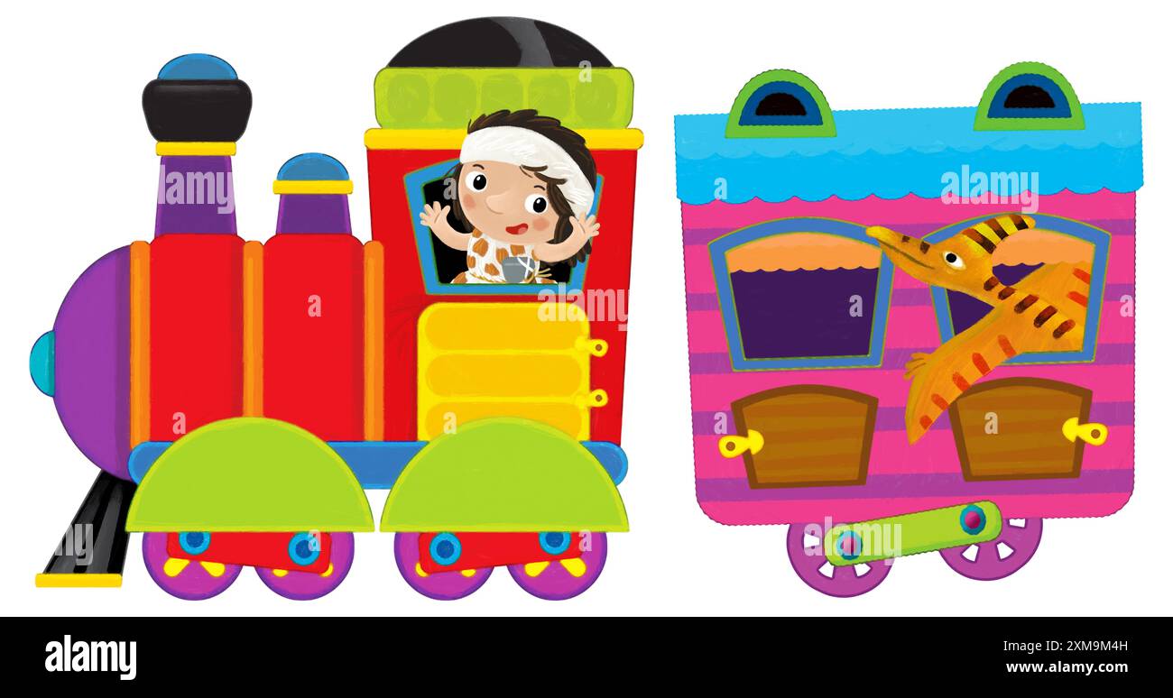 Cartoon funny looking colorful wagon with dino dinosaur animal lizard ...