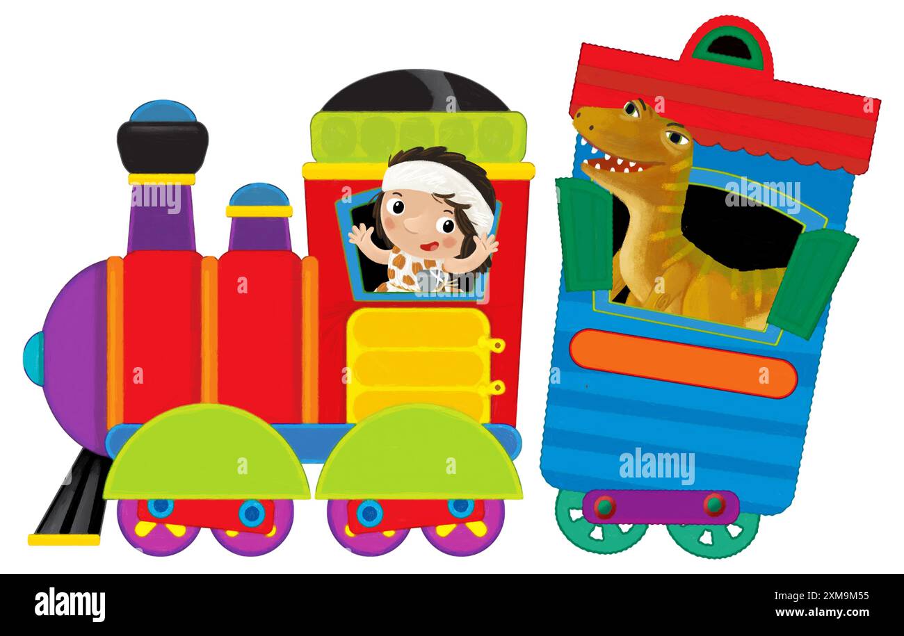Cartoon funny looking colorful wagon with dino dinosaur animal lizard ...