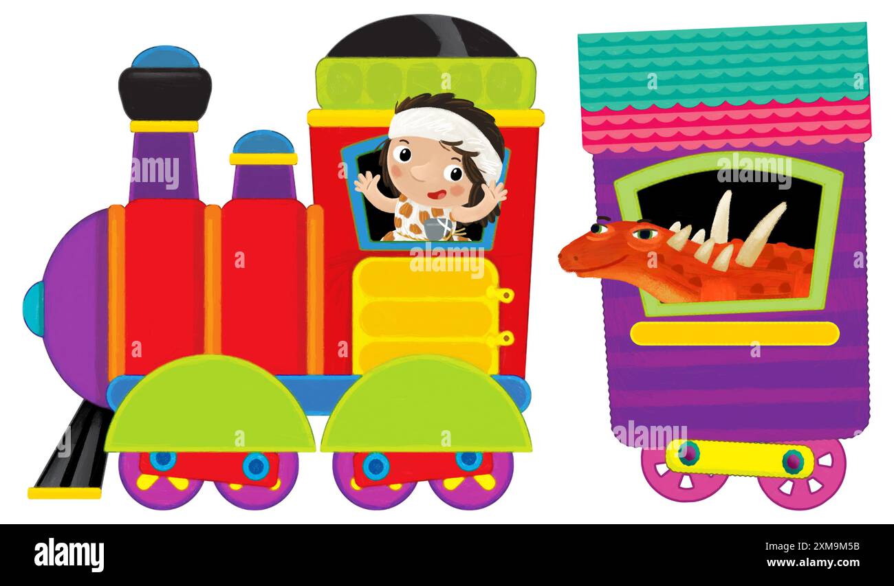 Cartoon funny looking colorful wagon with dino dinosaur animal lizard ...