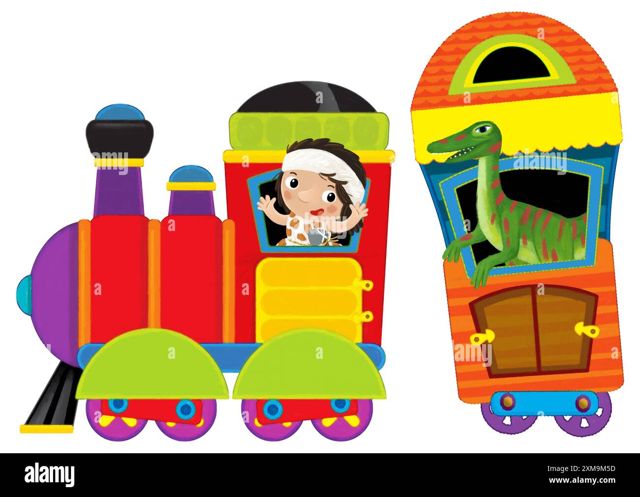 Cartoon funny looking colorful wagon with dino dinosaur animal lizard ...