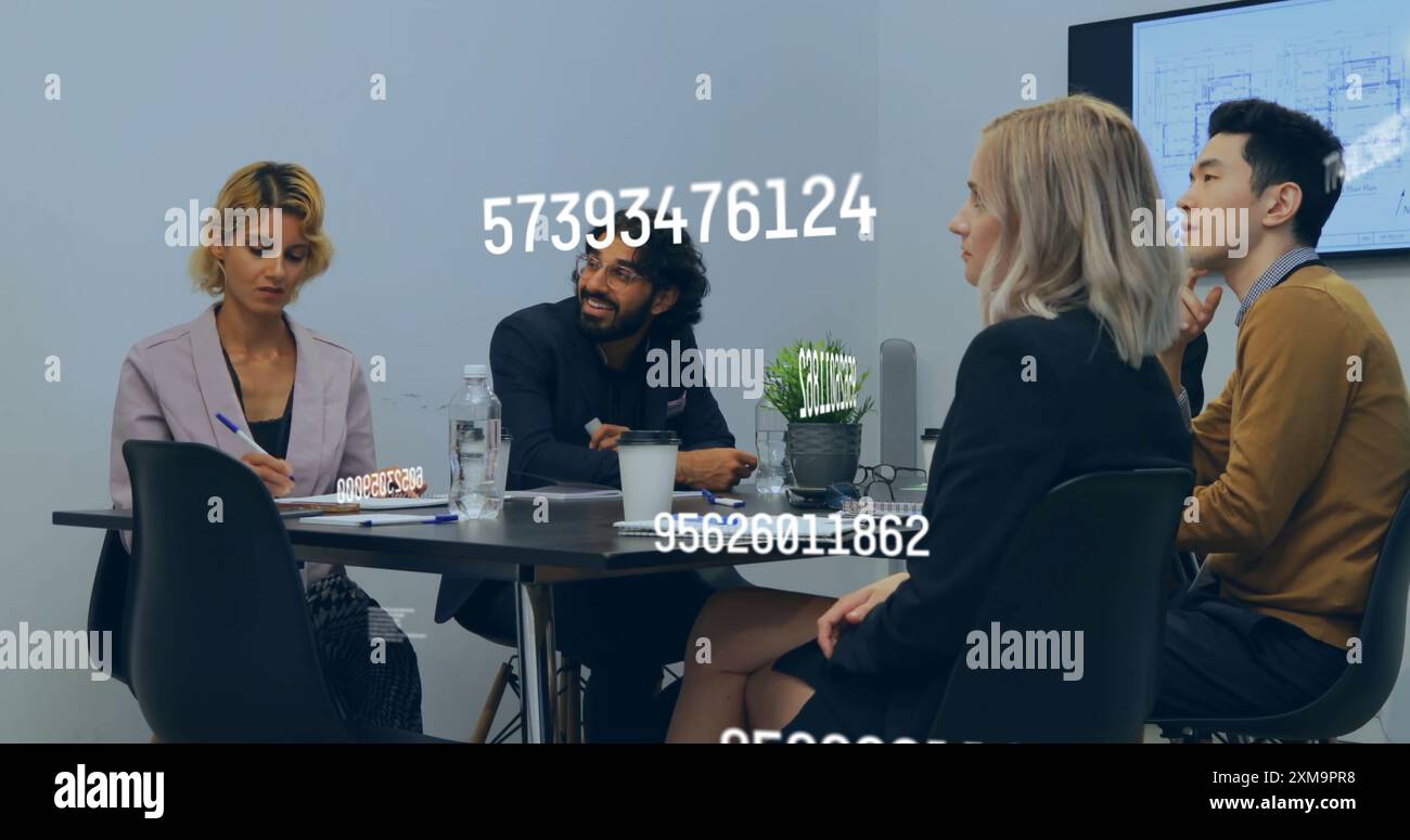 Image of numbers processing over diverse business people in office ...