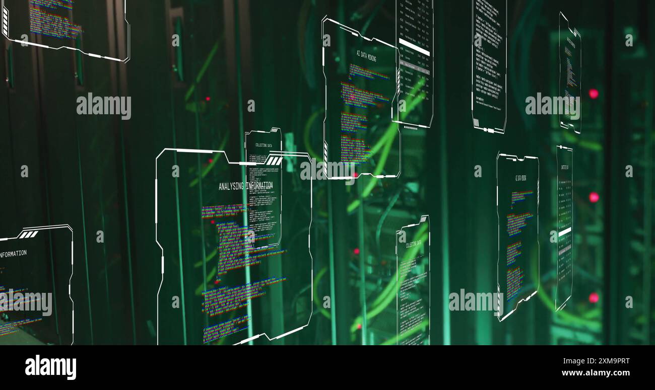 Data processing image over server racks with green cables and lights ...