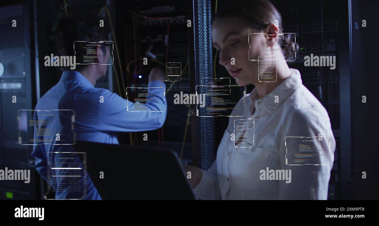 Working on laptop, woman with code snippets over data center background ... Working on laptop, woman with code snippets over data center background ...