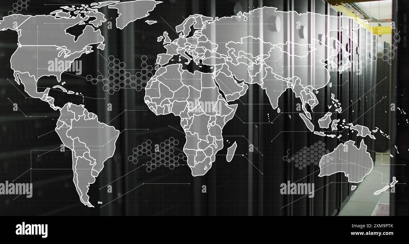 World map with network connections image over server room background ...
