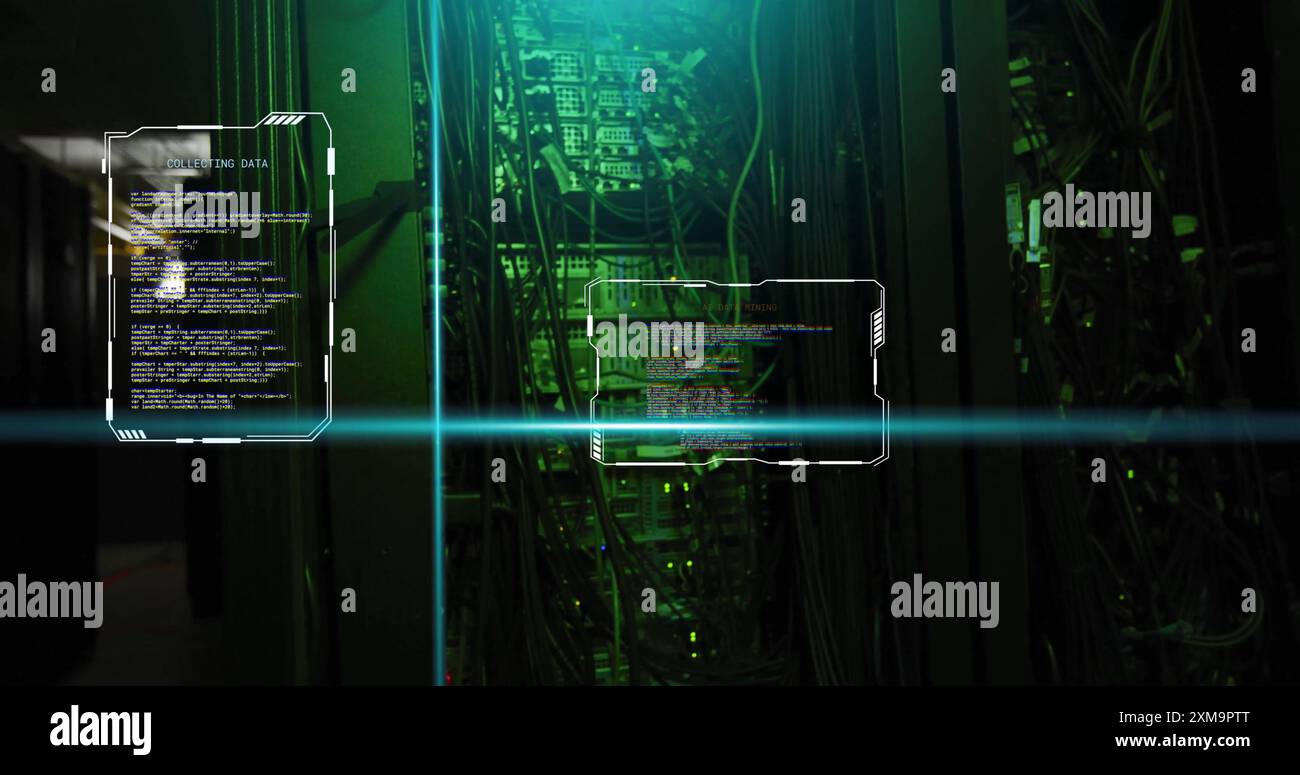 AI data coding image over server racks with green lighting. Technology, innovation ...