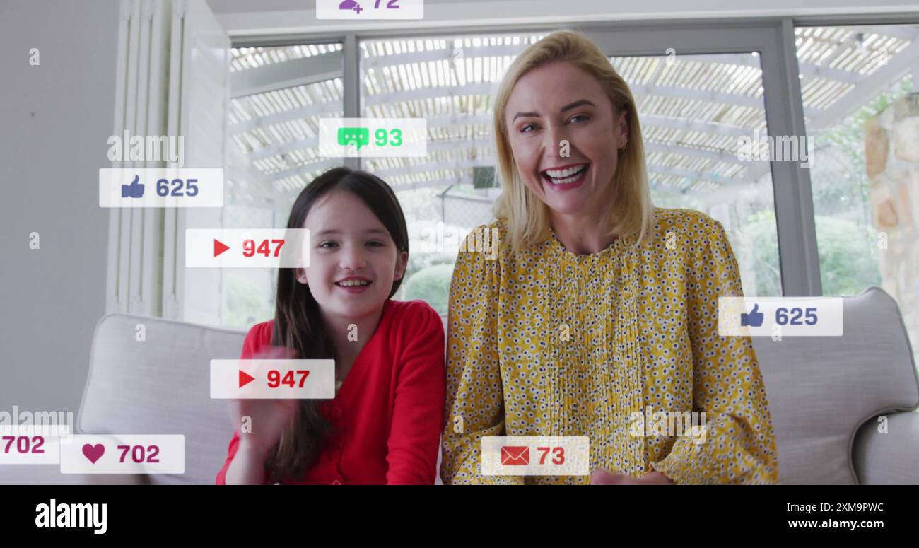 Social media notifications image over two women waving and smiling ...