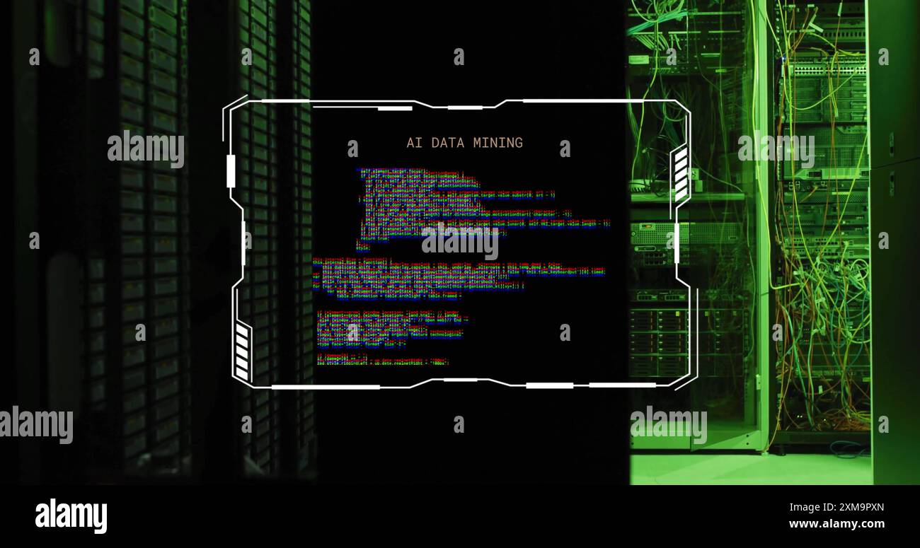 AI data mining text over server racks in data center. Technology, artificial intelligence, data ...