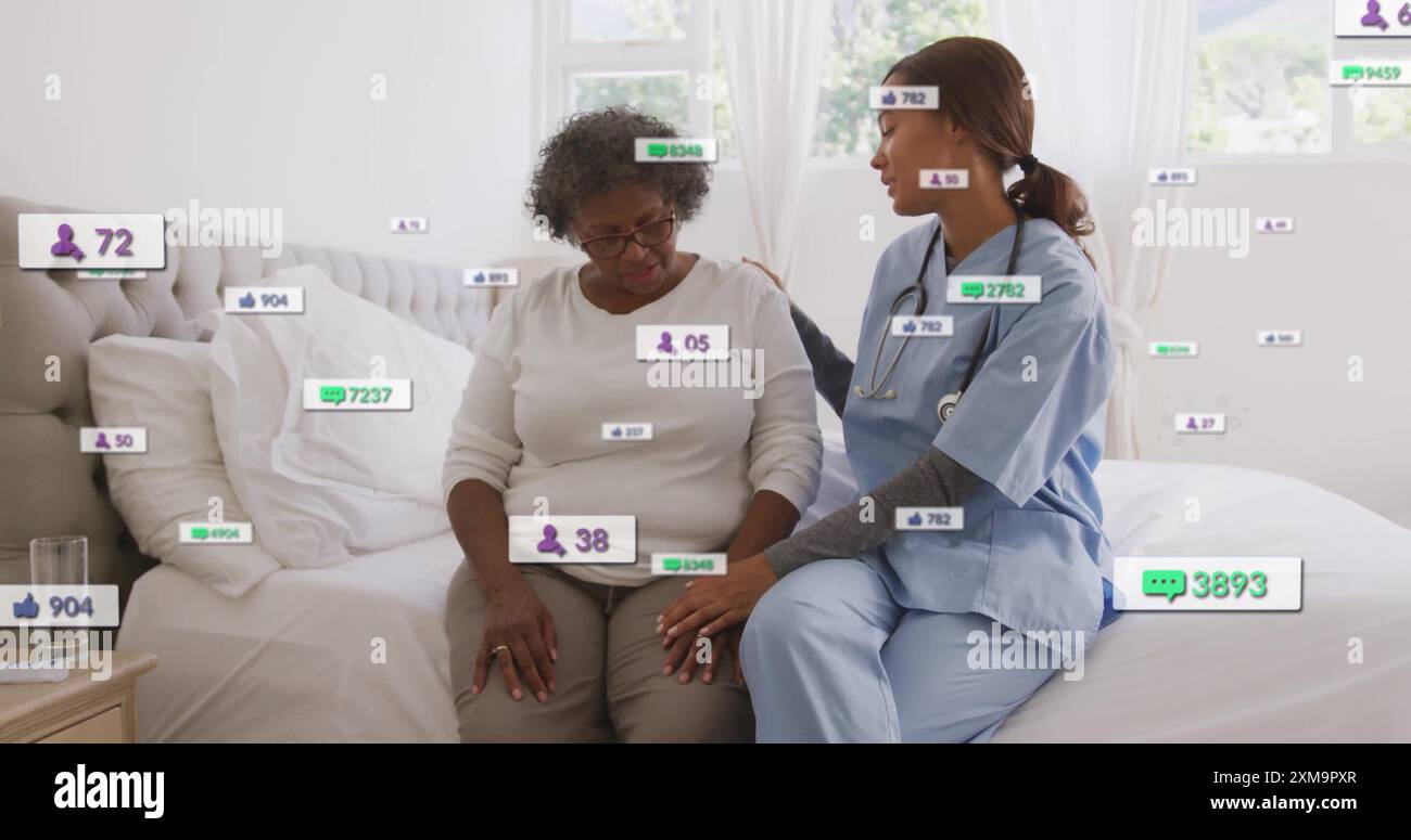 Healthcare professional comforting elderly patient, social media ...