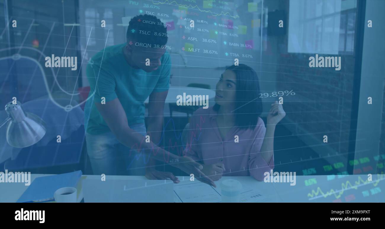 Financial data charts image over diverse colleagues discussing work in ...