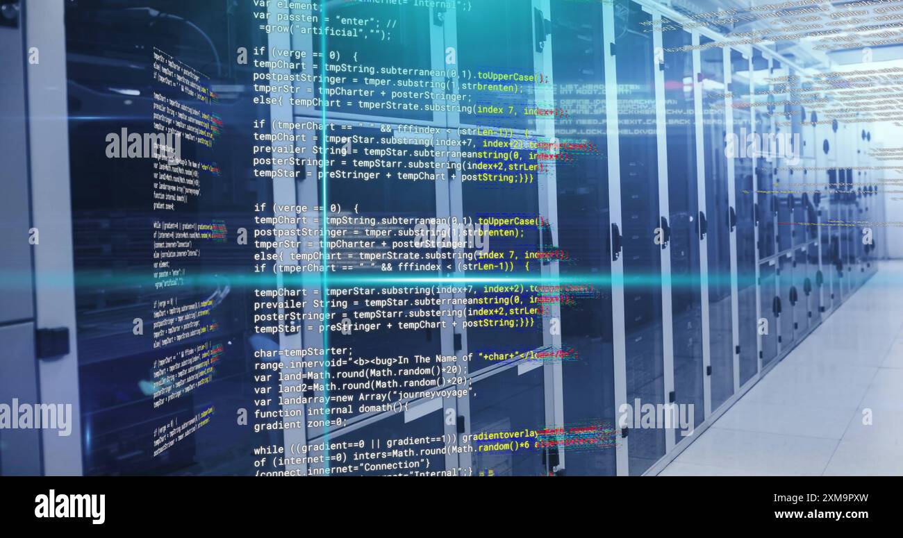Data processing image over server racks in data center. Technology, digital, cloud computing ...