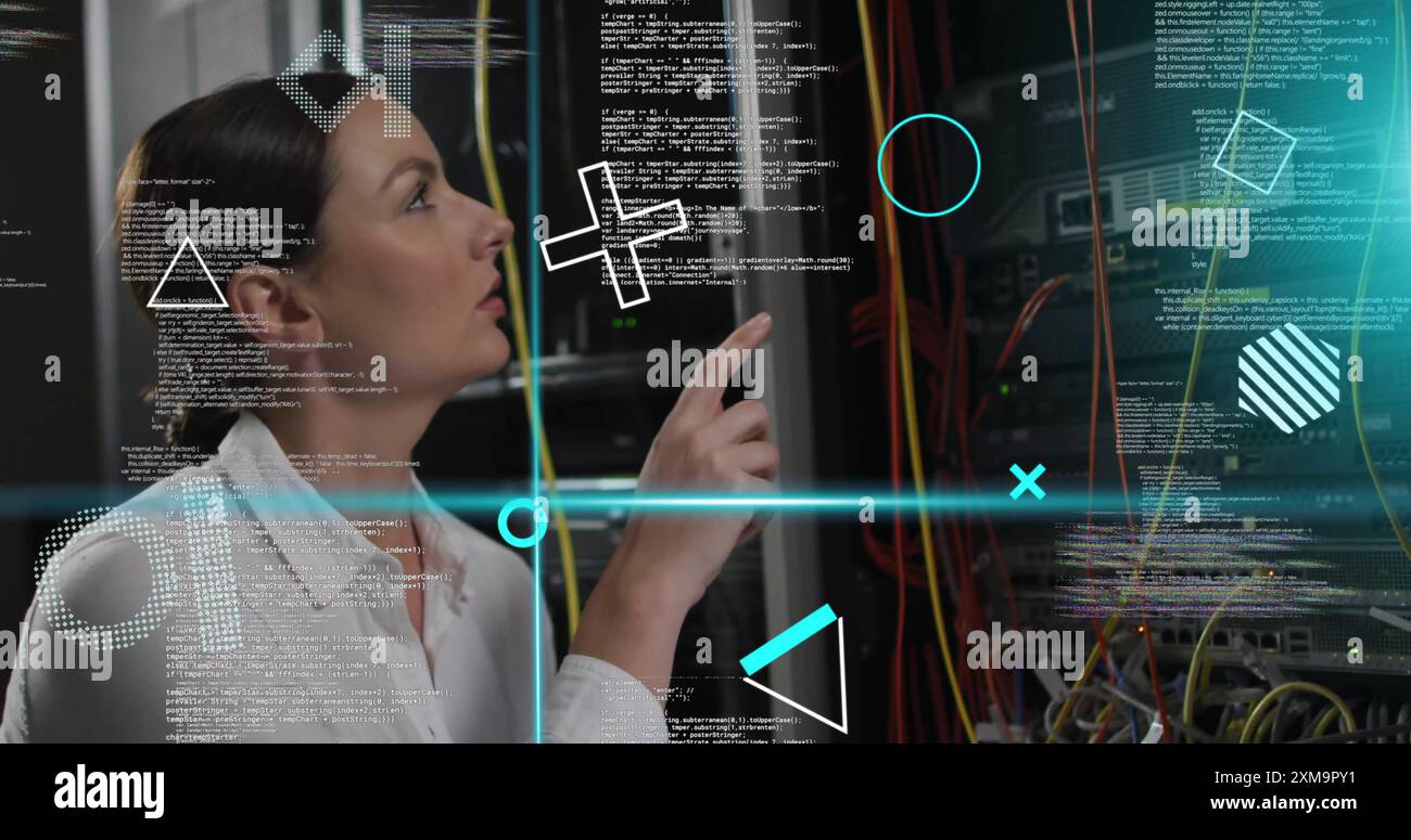 Analyzing data and network connections, woman in server room with image overlays. Technology ...