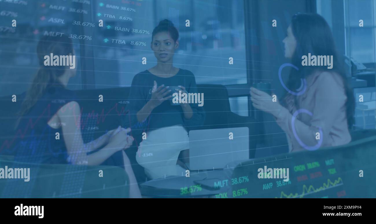 Business data charts image over diverse women discussing in modern office. teamwork ...