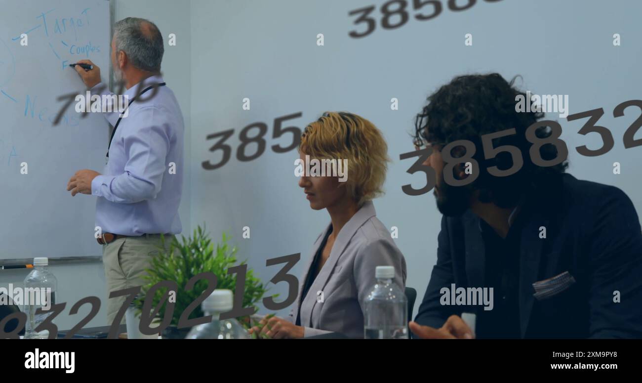 Image of numbers processing over diverse business people in office ...