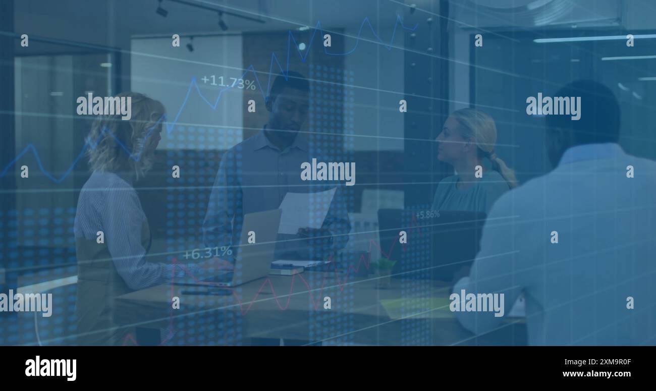 Financial data charts image over business meeting in modern office ...