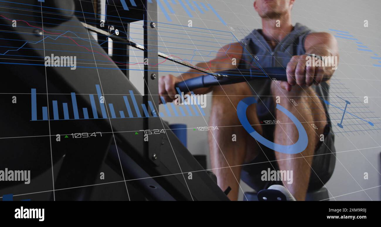 Fitness data analytics image over man using rowing machine. technology ...