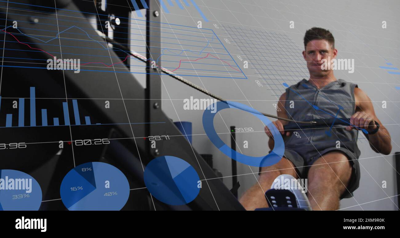 Fitness data analytics image over man using rowing machine. technology ...