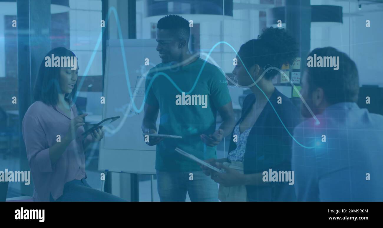 Business team discussing project with data visualization image over ...