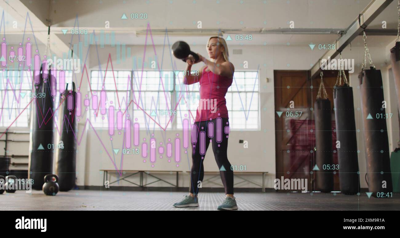 Fitness data tracking image over woman lifting kettlebell in gym ...