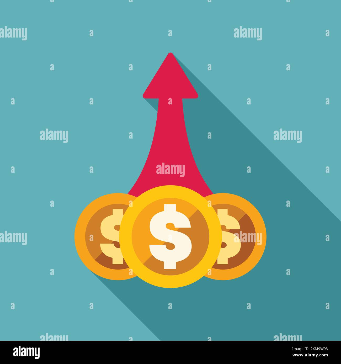 Concept of financial success with a red arrow growing from three golden ...
