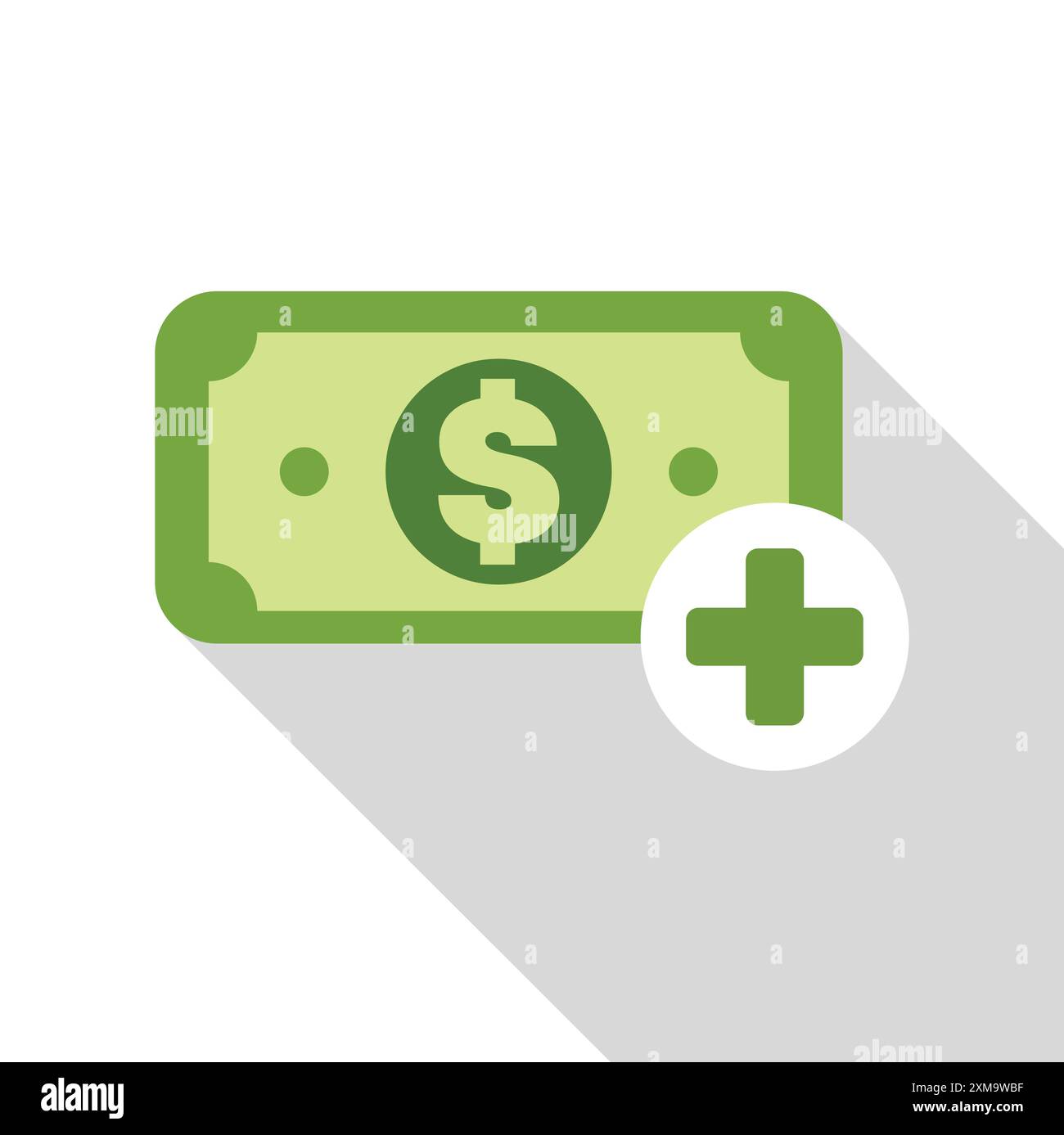 Green dollar bill icon with plus sign depicting adding money concept ...
