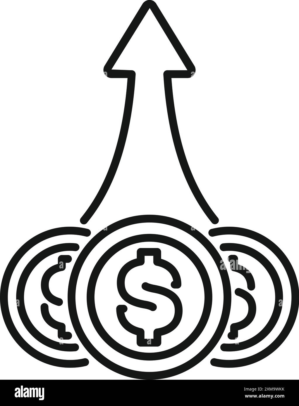 Line art of a growing stack of three coins with a dollar sign and a big ...