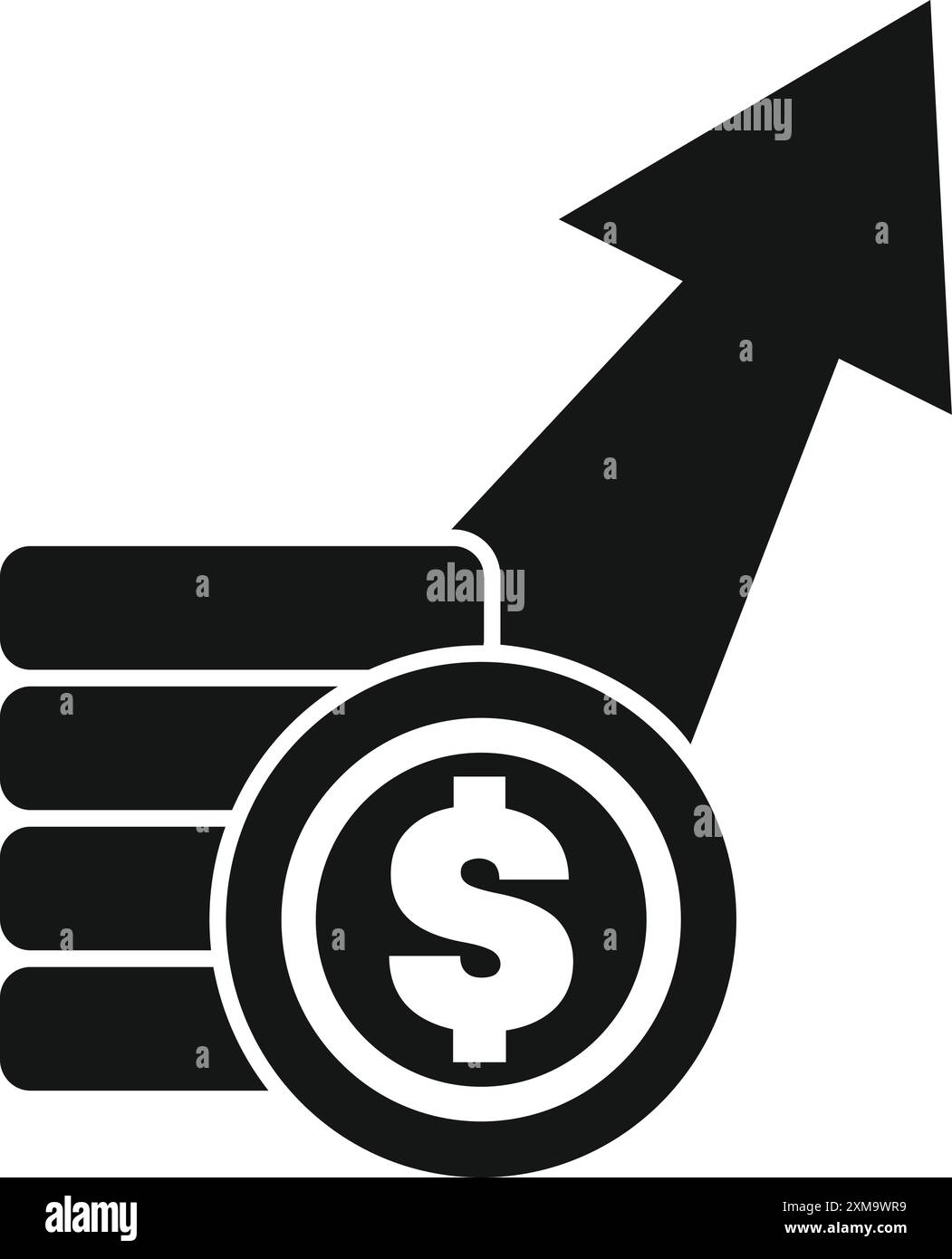 Simple icon of a stack of coins with a growing arrow and dollar sign ...